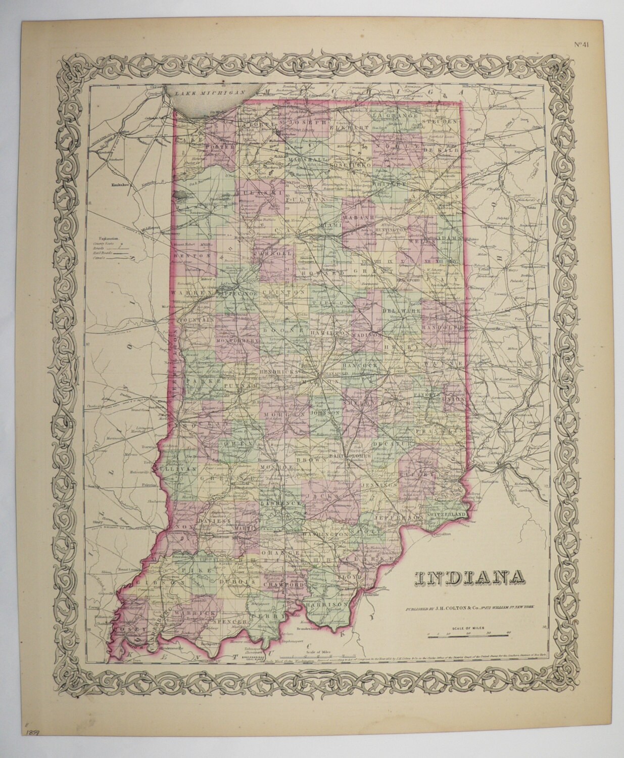 1800s Antique Map Indiana State County Map 1859 Colton Map