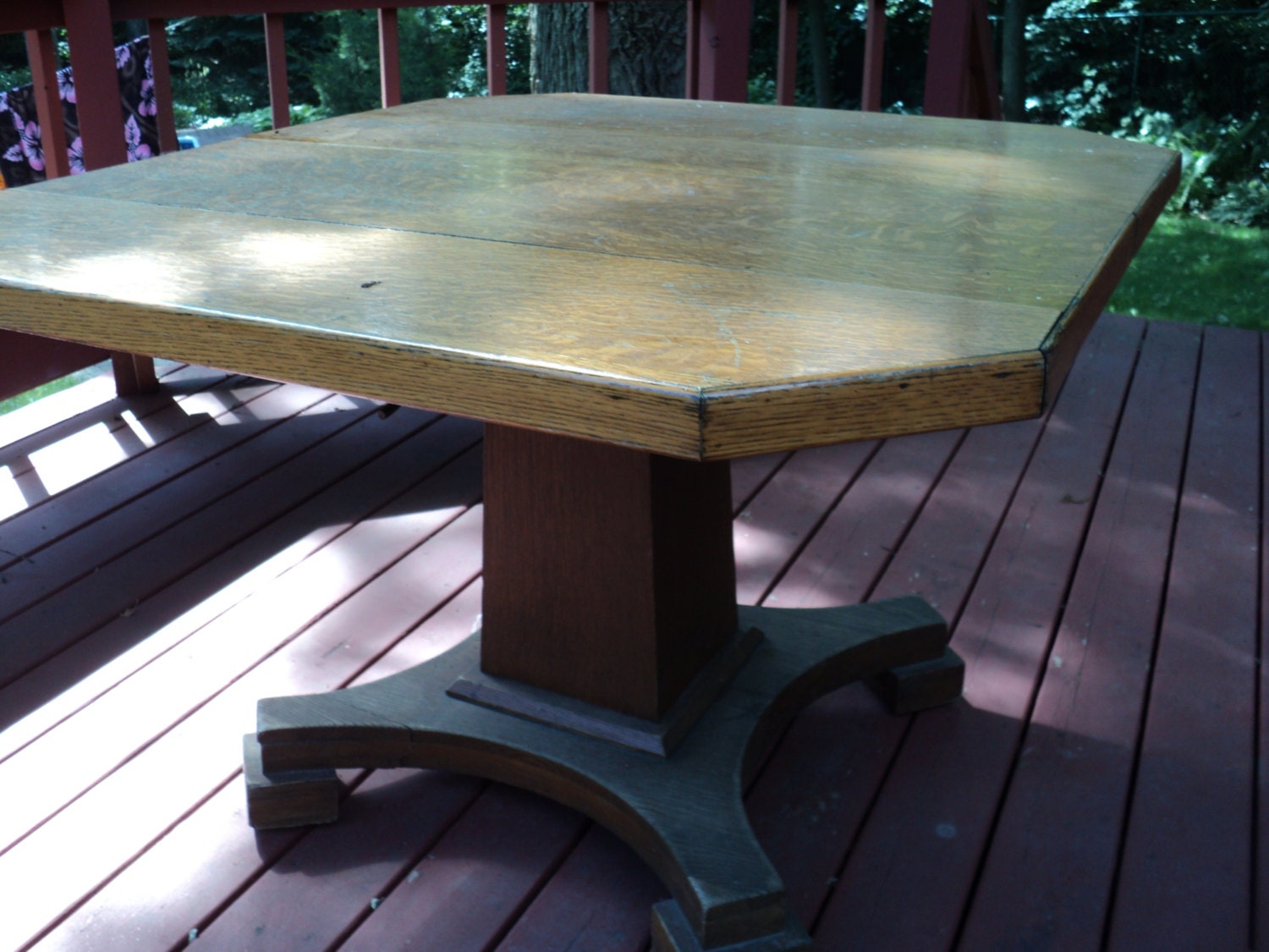 ANTIQUE OAK PEDESTAL Table With 6 Solid Wood Chairs, Prairie Style ...