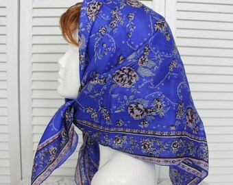 Vintage Blue Silk Head Scarf, Neck Scarf, Made in India