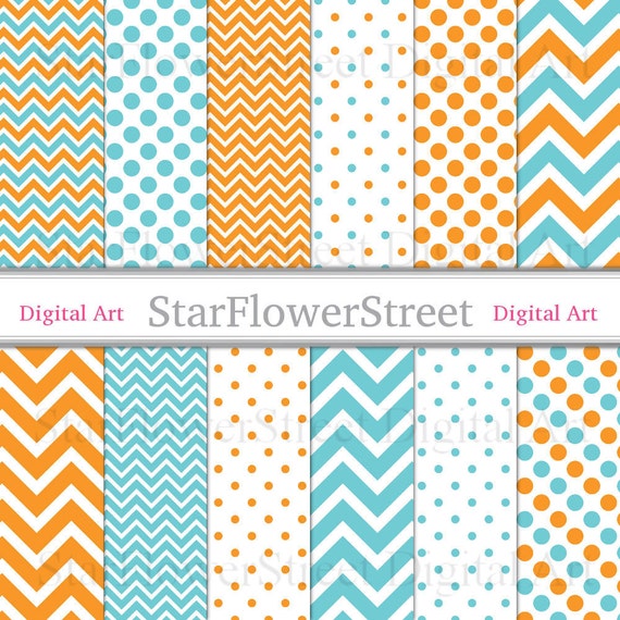 Blue Orange Chevron Polka Dot Digital Paper Instant Download