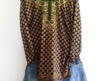 Vintage 70's style bohemian hippie gypsy tunic top ethnic indian block ...
