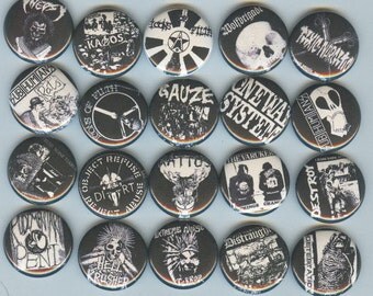 20 VARIOUS Crust punk buttons gause icons of filth distraught wolf ...