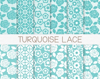 Blue Lace Digital Paper, Turquoise Lace Scrapbooking, Blue Floral Lace ...