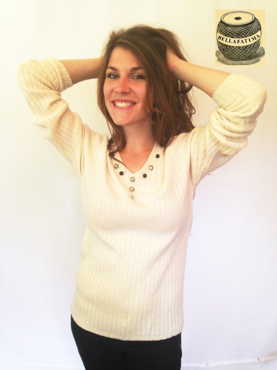 Cream Cashmere Cable Knit V Neck Sweater Embellished With