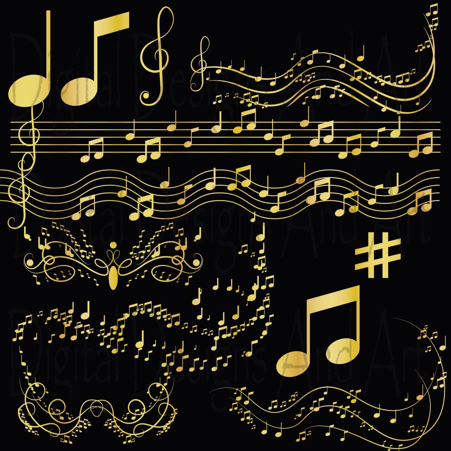 Gold Music clipart Gold notes clip art Digital Clipart