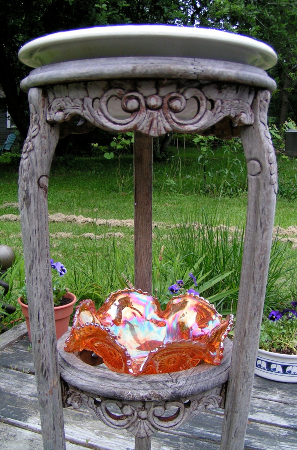 1800s Antique Wash Basin STAND Bow 3 Leg Carved Groove and Tongue ...