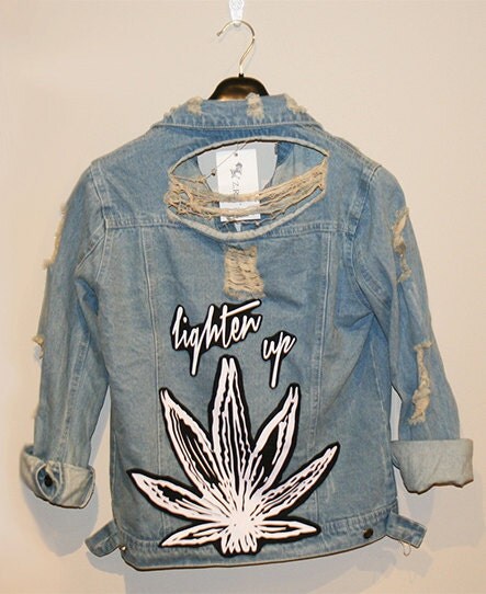 Lighten Up Weed Leaf Marijuana Denim Jacket Shredded
