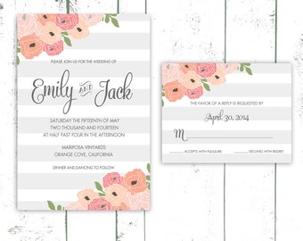 Wedding Invitations, Grey Striped Floral Invitation and Response Card ...