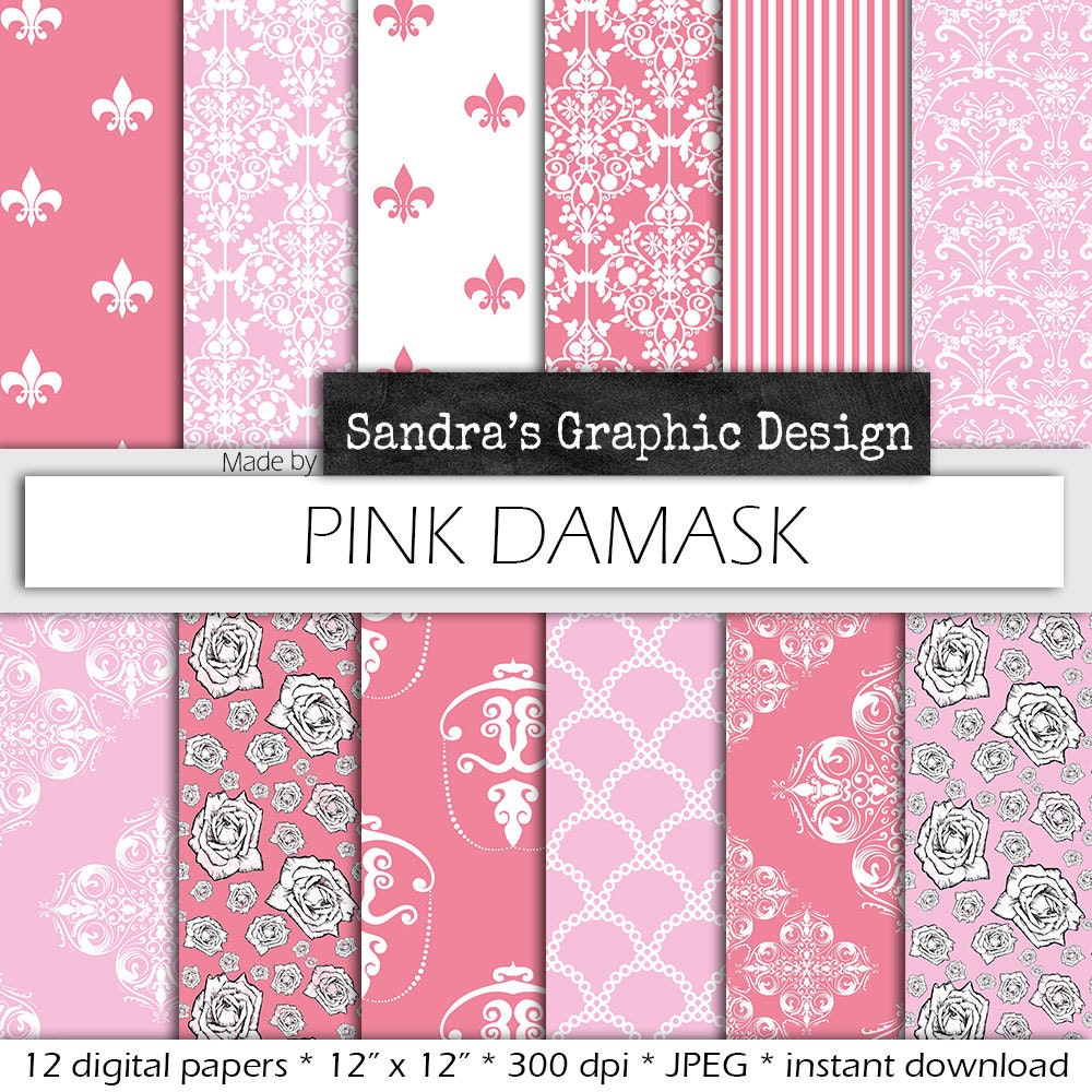 Pink digital paper: “PINK DAMASK” with various damask patterns in the ...