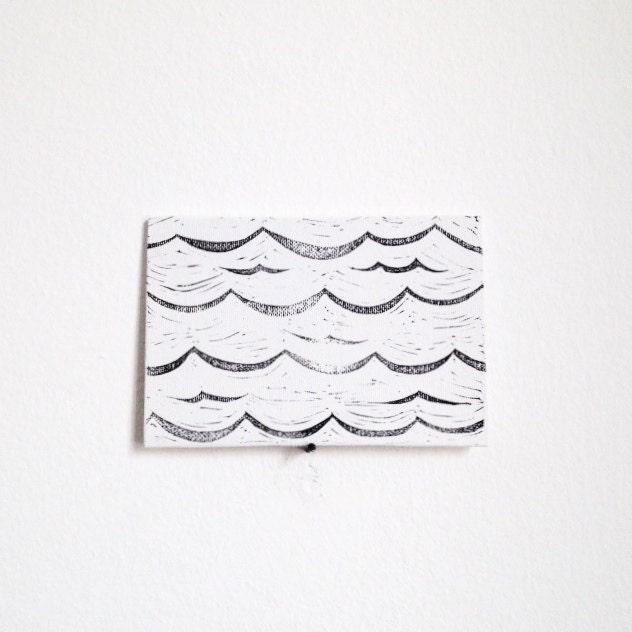 Linocut Waves on Canvas, Small Hand Printed Art, Black and White ...