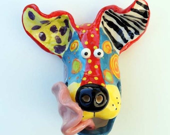 Handmade Ceramic Dog mask wall hanging by Dottie Dracos, READY TO SHIP