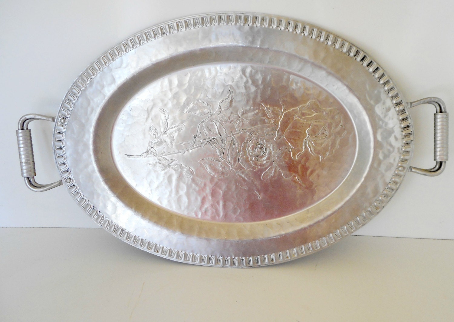 Hammered Aluminum Tray Double Handle Large Serving Tray Vintage ...