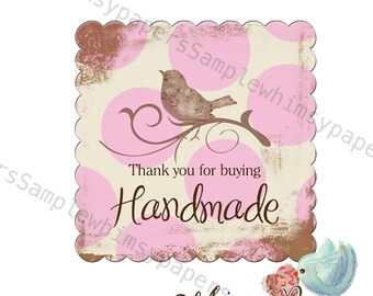 Pink Polka Dot Bird "Thank You for Buying Handmade" Stickers - set of 50