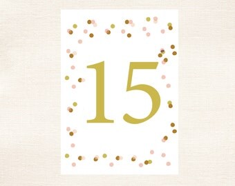 Blush and Gold Confetti Wedding Table Numbers 1-20 - Instant Download