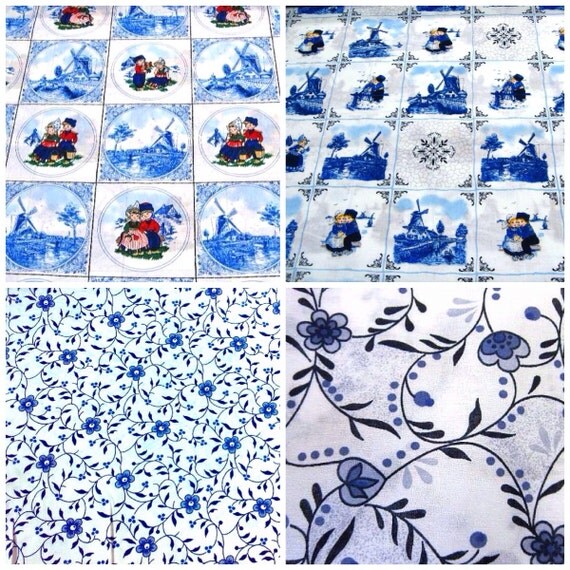Delft Blue cotton fabric Dutch print Sampler of 4