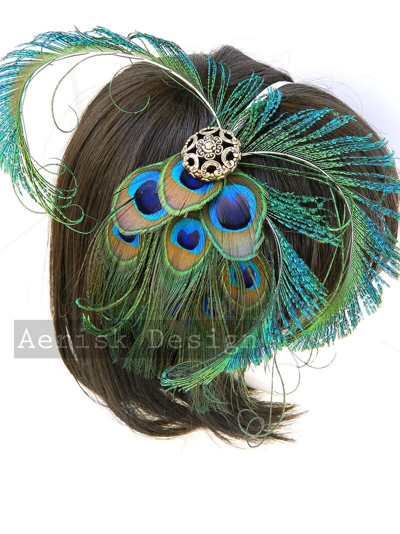 Imperial Peacock Feather Fascinator Headdress 5 Fastener