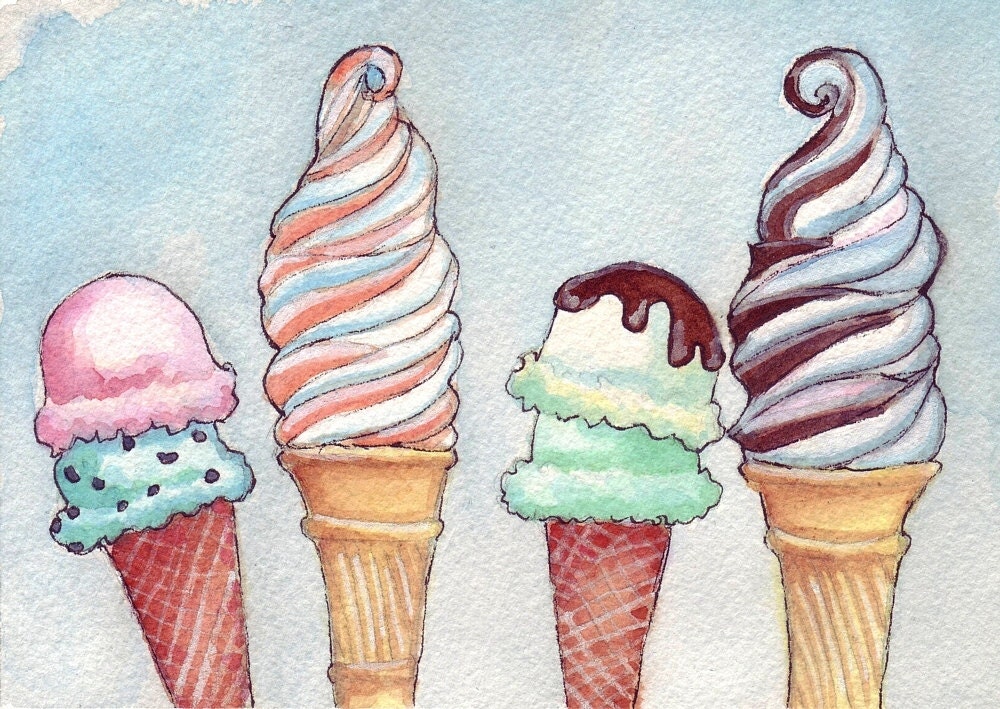Ice Cream Cones Watercolor Painting Print Four Scoops Ice