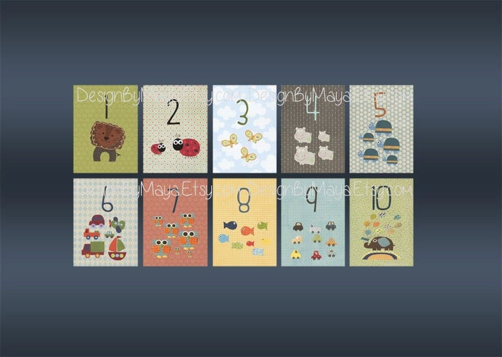 Cards numbers count to 10 Animal Alphabet Card Set by DesignByMaya