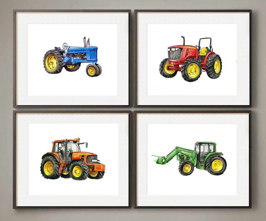 Colorful Farm Tractors Watercolor Print Set