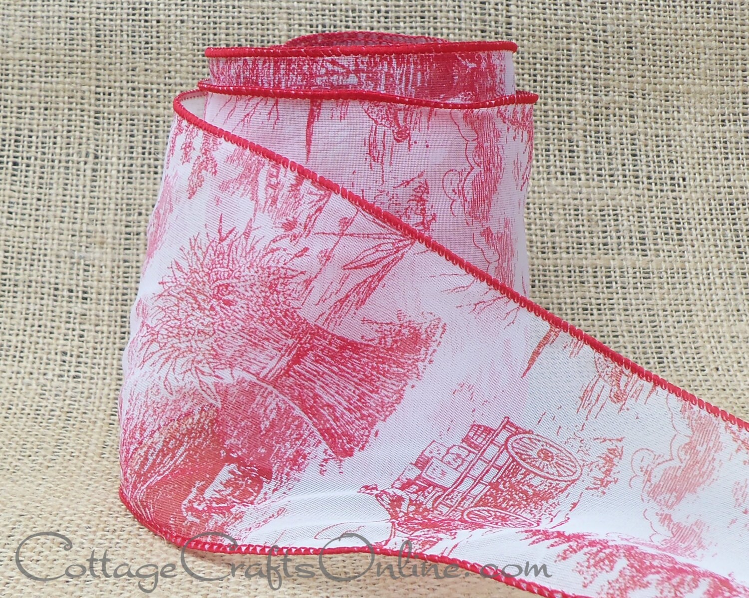 Wired Ribbon 4 wide Red Toile Semi Sheer Print TEN