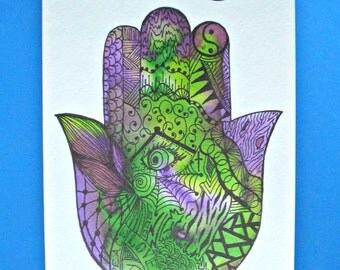 Watercolor card, (No. 354), Zentangle Hamsa Hand, Hamsa Hand, Hamsa ...
