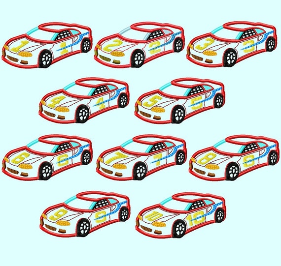 Red Race Car 1 to 10 Number Set APPLIQUE Embroidery Design 3