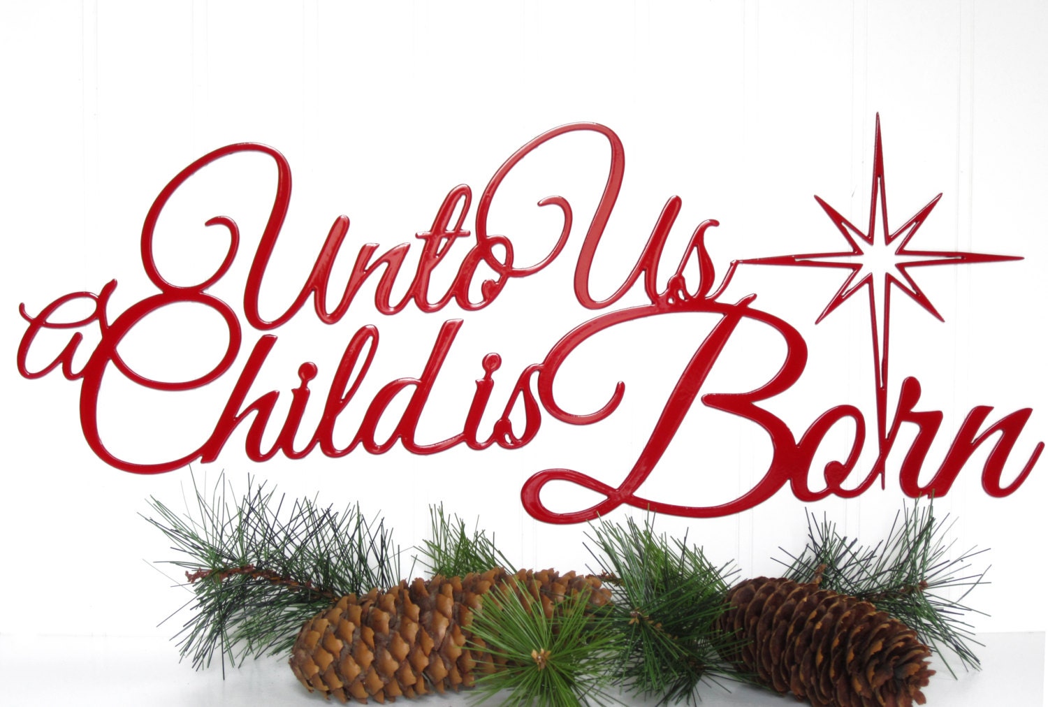 Unto Us A Child Is Born Christmas Metal Sign Red 19.5x8