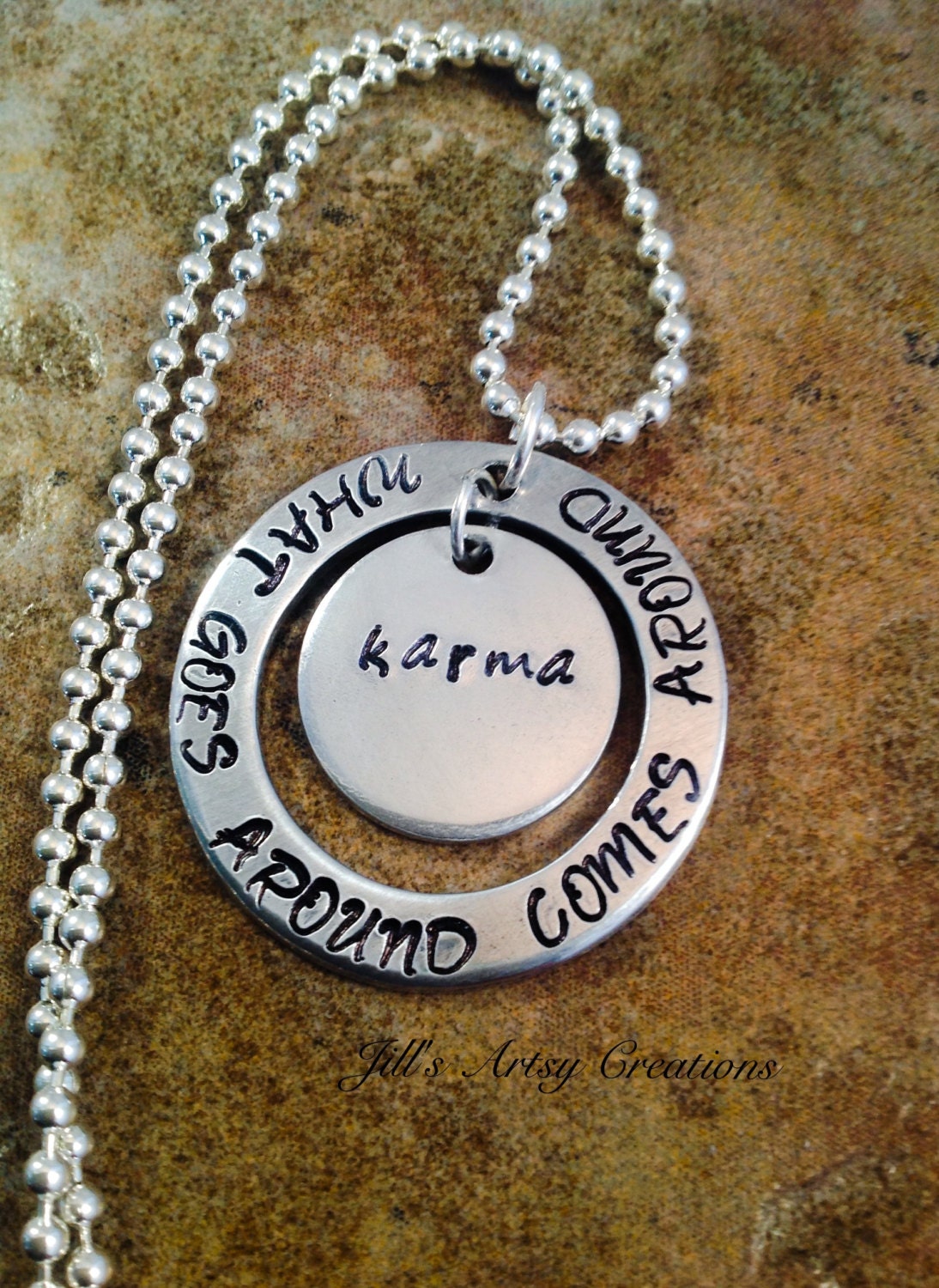 Karma Necklace What Goes Around Comes Around Hand Stamped