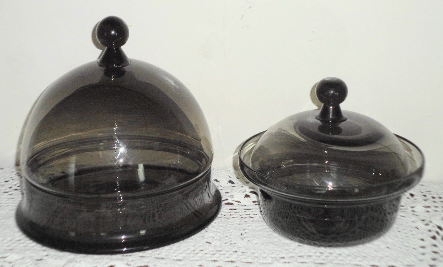 2 Large Beautiful Dome Covered Smoke Glass Dishes Made in