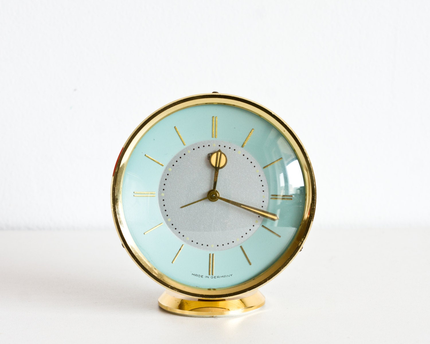 Vintage German Alarm Clock, UMF Ruhla Desk Clock, Gold and Mint Blue ...
