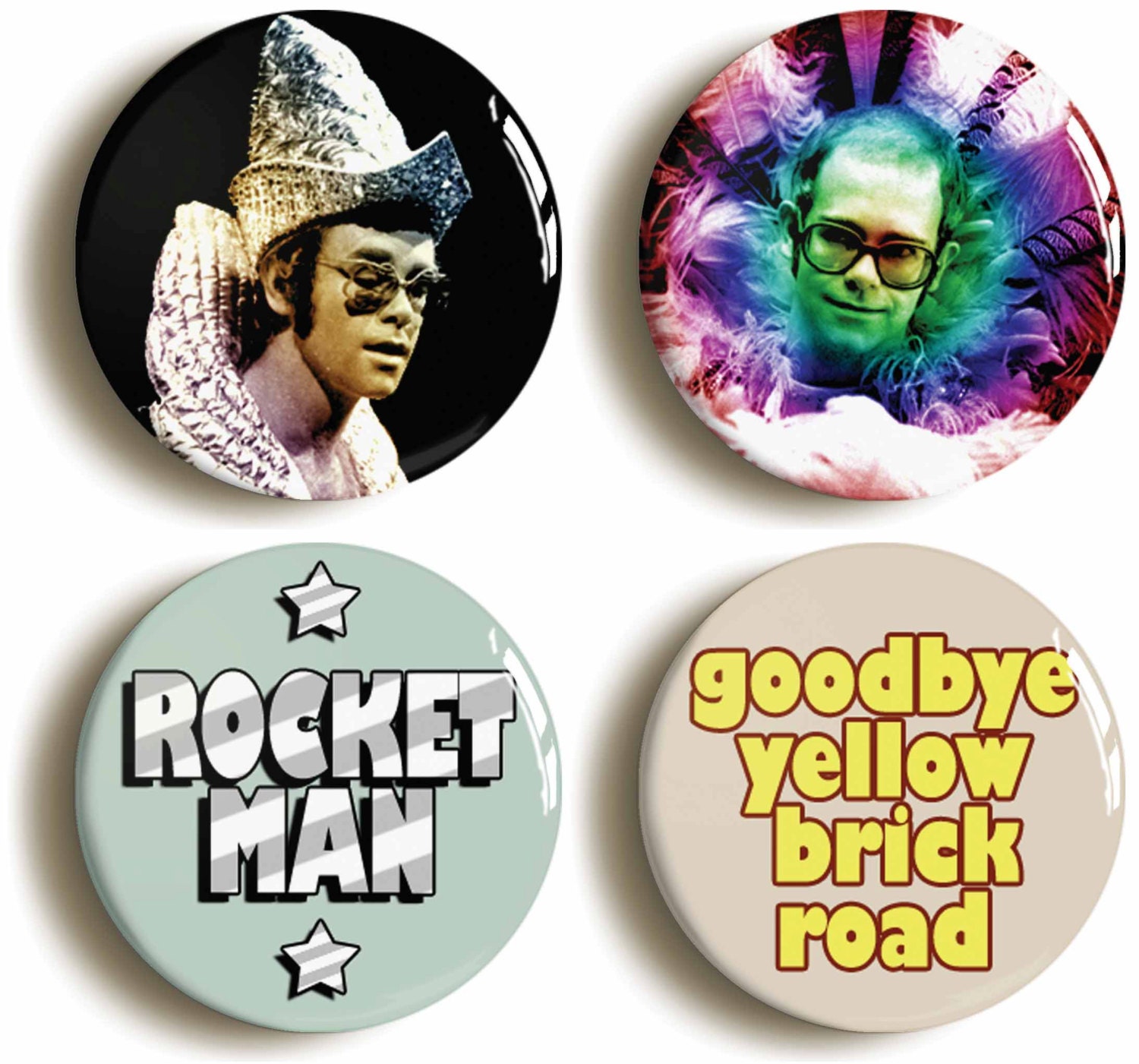Set of four Elton John badges buttons pins: Rocket Man, Goodbye Yellow ...
