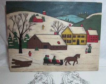 Primitive oil on board painting. The subject is a winter scene.
