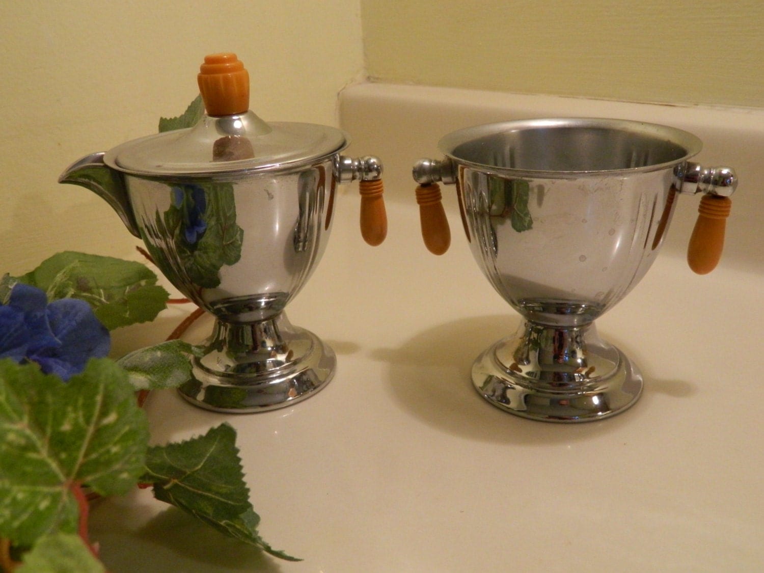Art Deco Chrome and Stainless Covered Sugar and Creamer With Bakelite ...