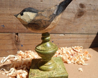 Hand Carved Blue Bird carved from White Pine. Perched on