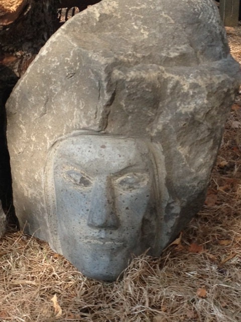 Hand-Carved Basalt Stone Face Sculpture by StastnyGardenAndArt