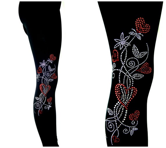 Plus Size Full Length Leggings Embellished Rhinestone Red