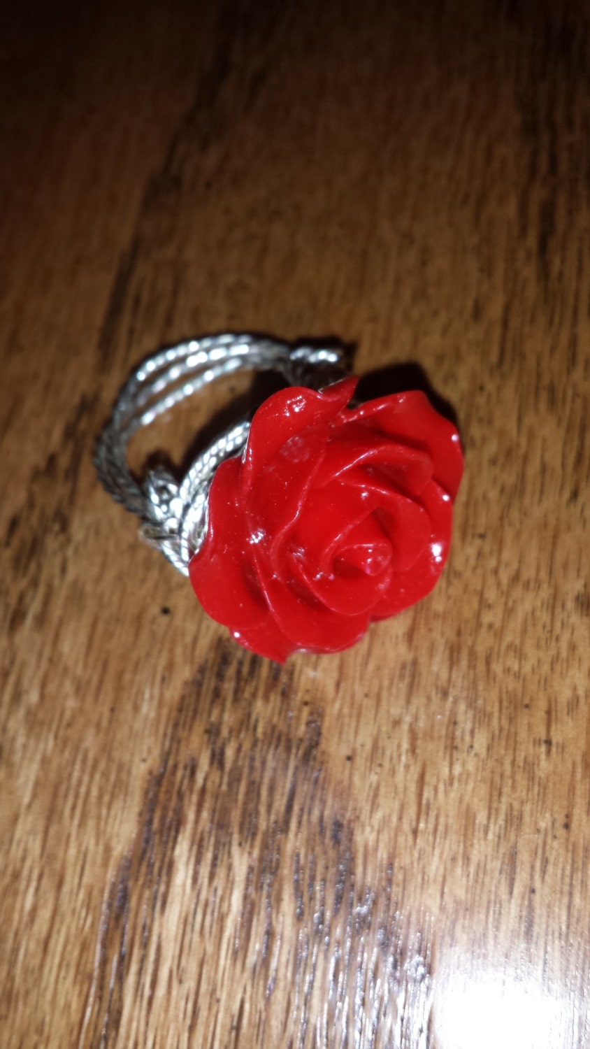 Silver Wire Wrapped Red Rose Ring