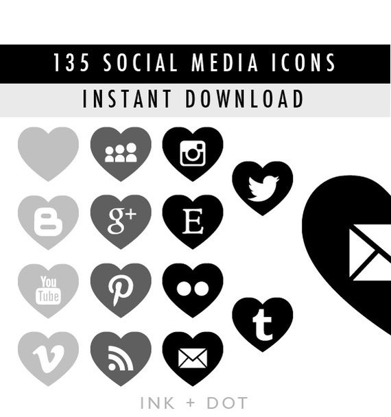 135 Heart Shaped Social Media Buttons Instant by inkanddot
