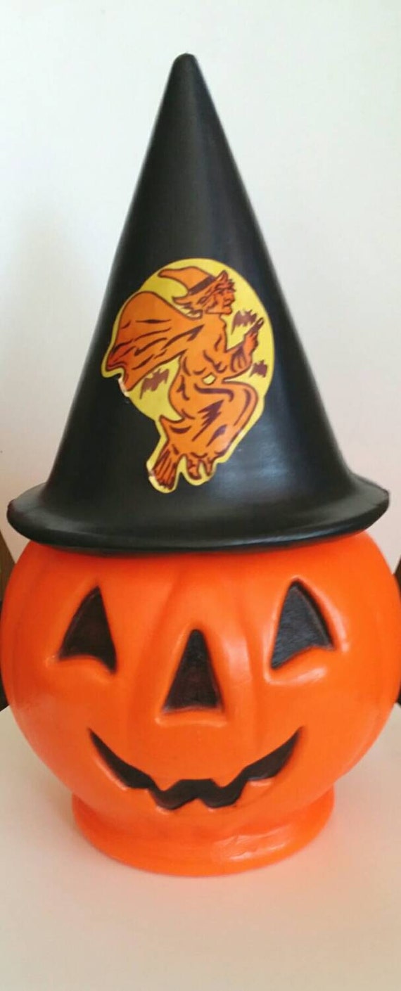 Vintage Halloween Blow Mold Pumpkin With Black Witch Hat Light