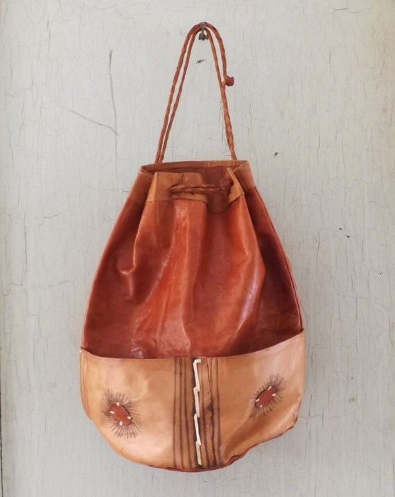 Vintage 1970s Tan Brown Soft Leather Drawstring Pouch Purse