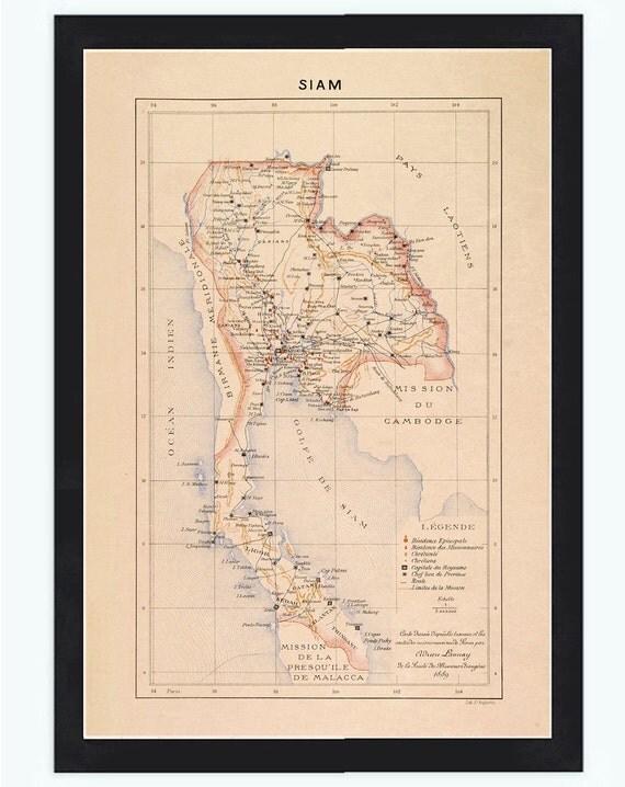 Old Map of Thailand Old Siam 1889 by OldCityPrints on Etsy