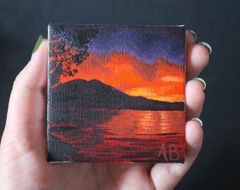 Items similar to Mountain Sunset Mini Painting Orange Sunset Minimalist ...