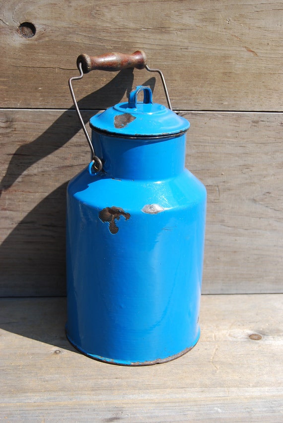 Blue Milk Can with Lid Antique Enamelware by Psychedelphia on Etsy