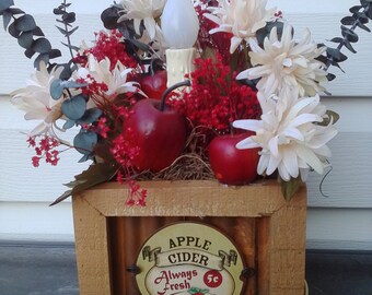 Floral arrangement, country apple wooden box with silk florals and ...
