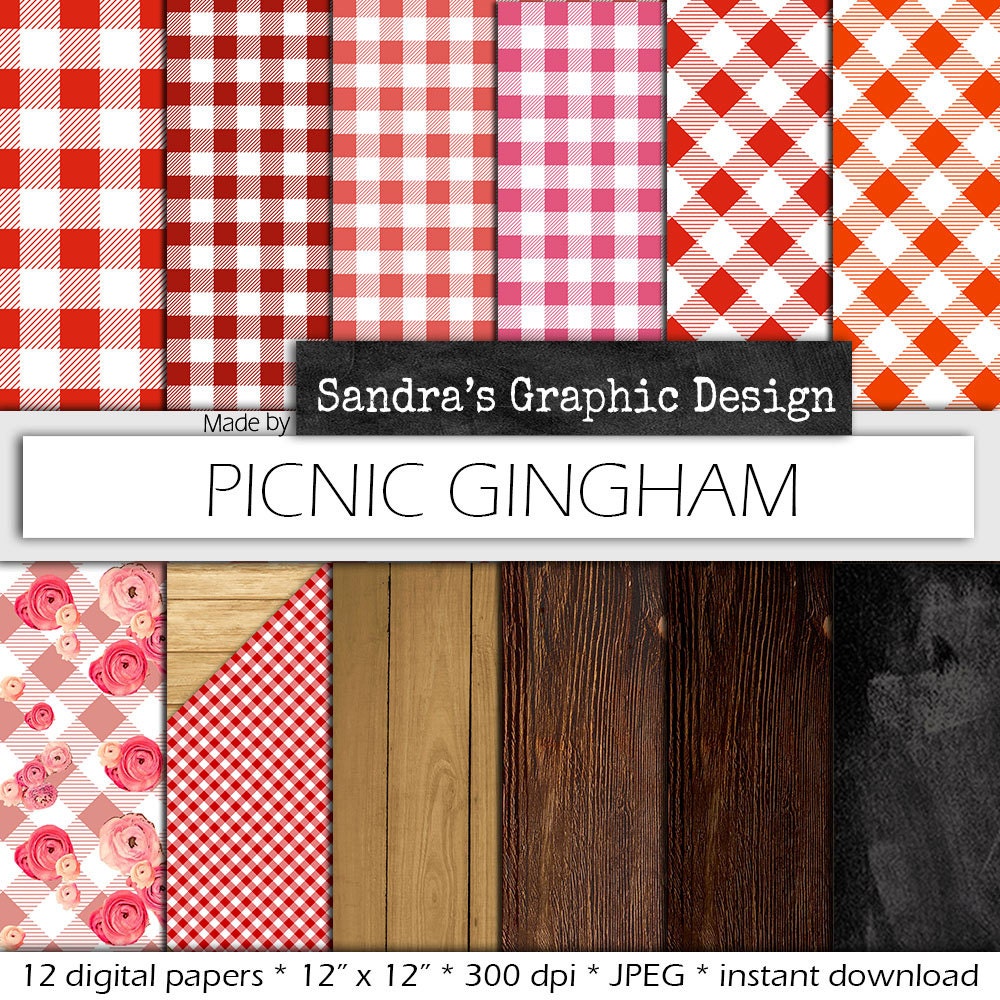 Gingham digital paper: “PICNIC GINGHAM” with gingham patterns in colors ...
