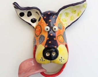 Large Ceramic Dog mask wall hanging by Dottie Dracos READY TO SHIP