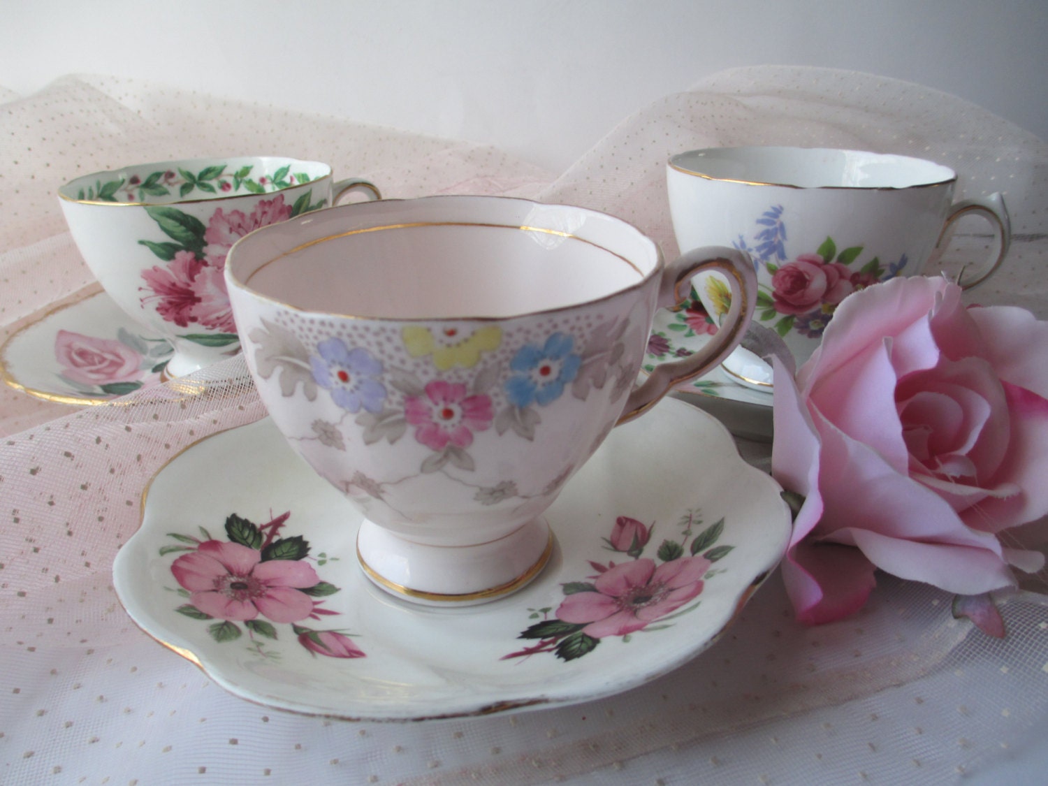 Vintage Pink Floral Teacup and Saucer Collection of Three – Shabby ...