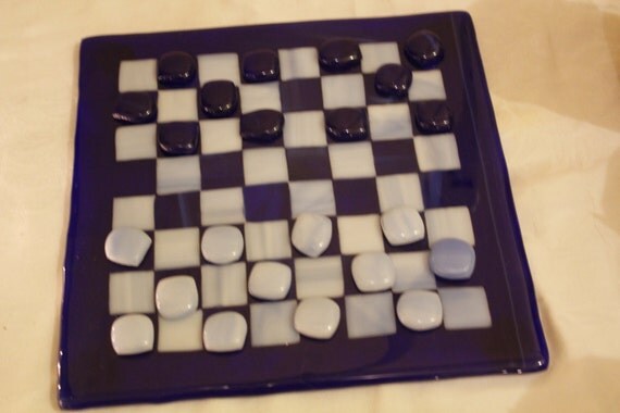 Fused Glass Checker Board and Pieces Blue