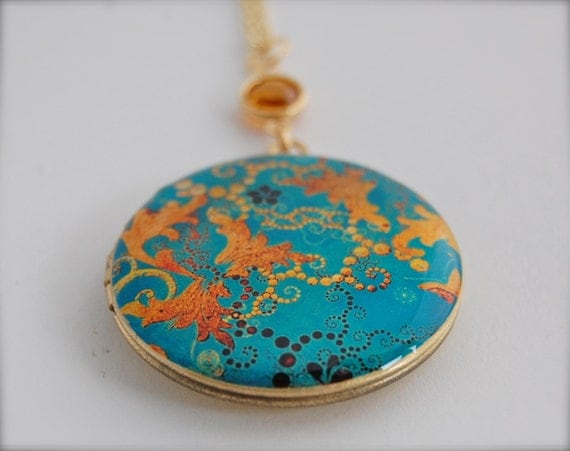 Vintage Inspired Locket Necklace with Turquoise and Gold