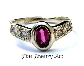 Unique Ruby Engagement Ring Handmade 14k White Gold With Diamonds - Custom Bezel Set Oval Ruby ...